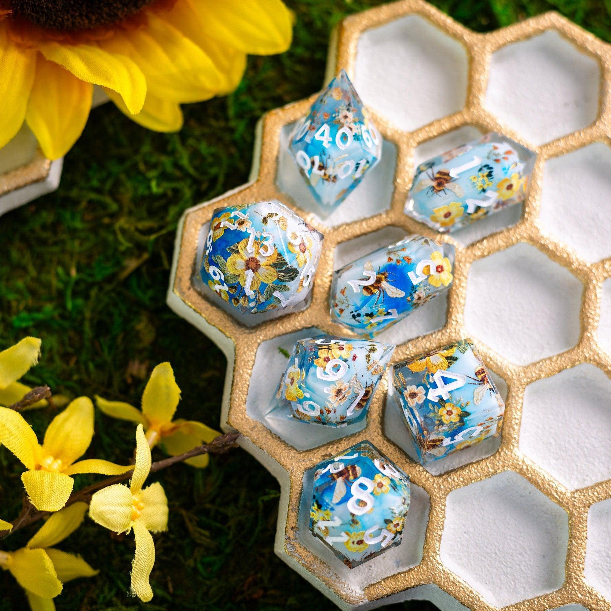 Bees And Flower Handmade Resin DND Dice Set | Best RPG Dice