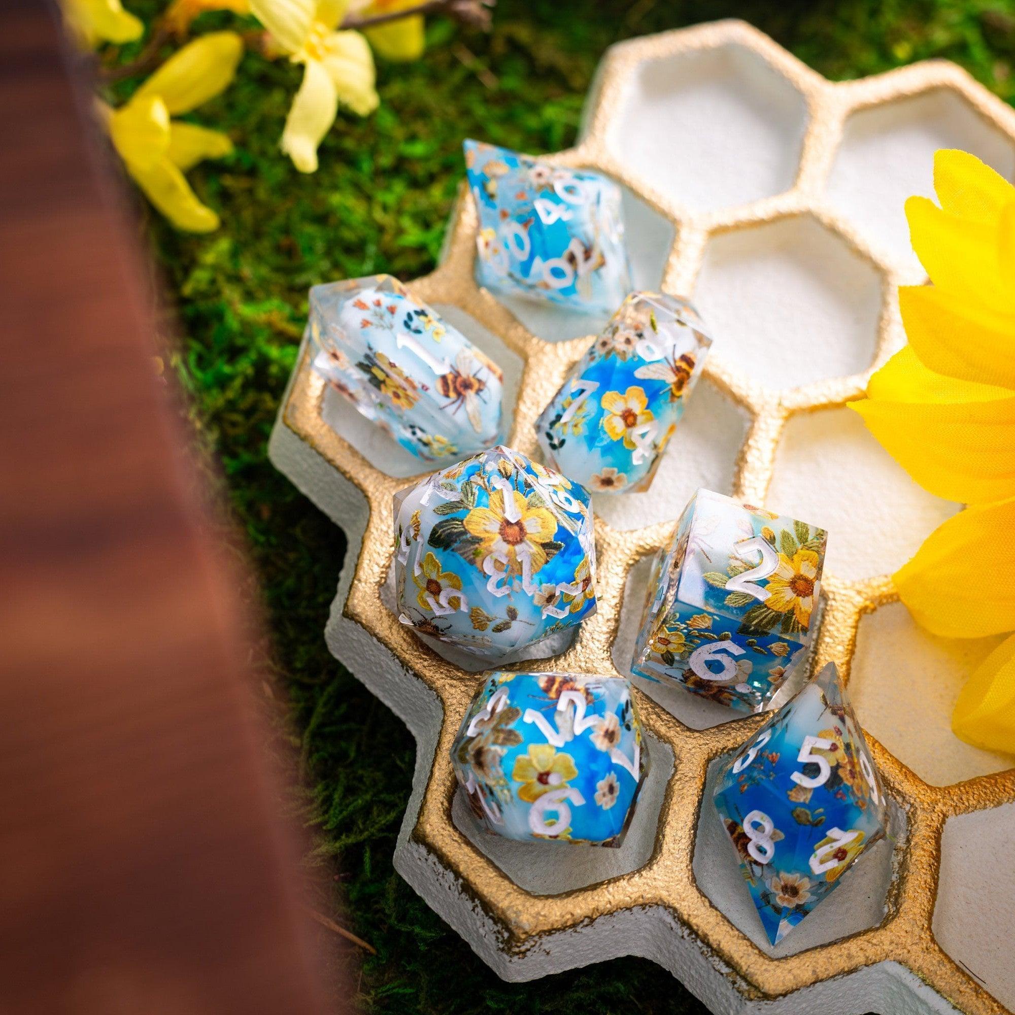 Bees And Flower Handmade Resin DND Dice Set | Best RPG Dice