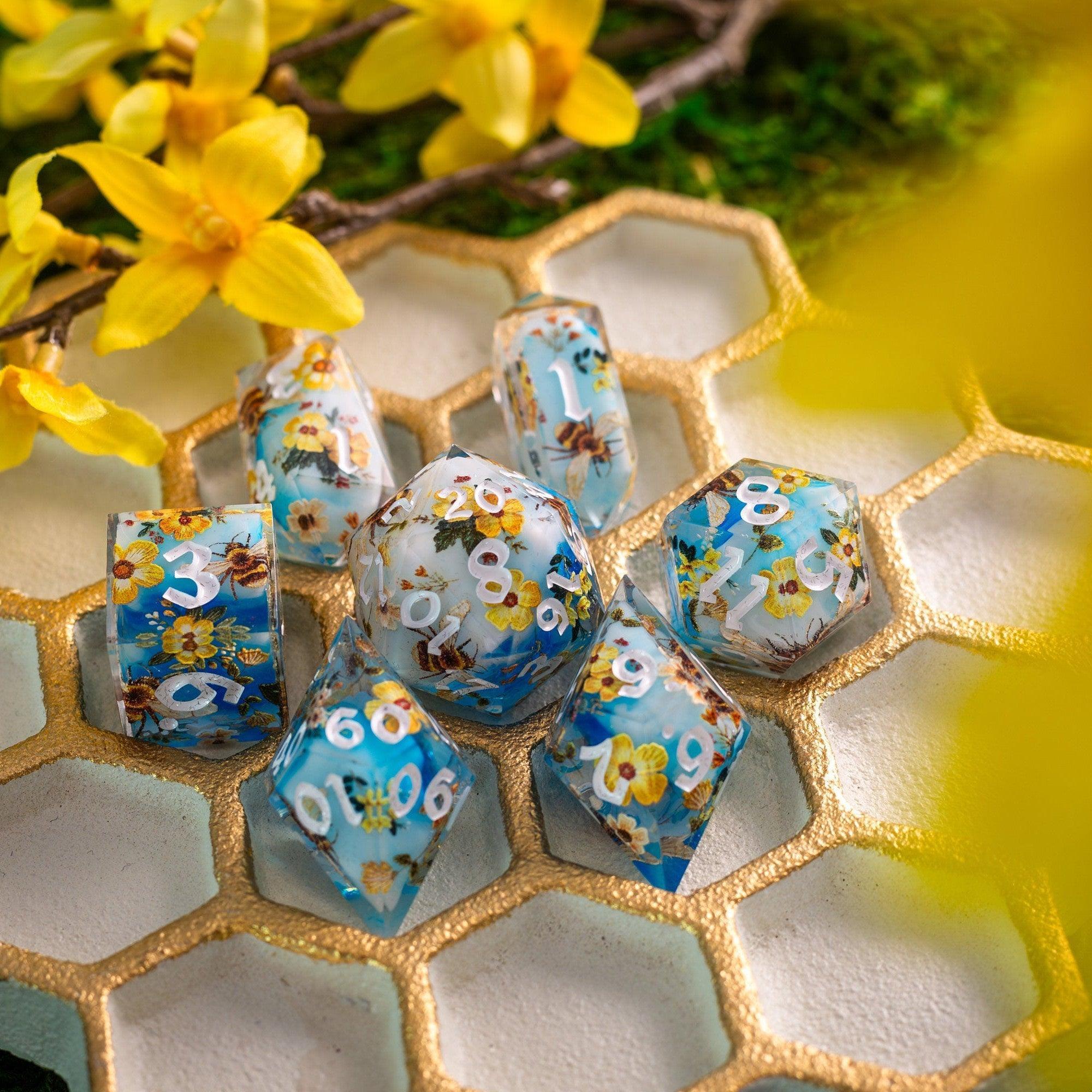 Bees And Flower Handmade Resin DND Dice Set | Best RPG Dice