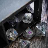 Black Inked Lightning Cracked Glass DND Dice Set | Glass RPG Dice