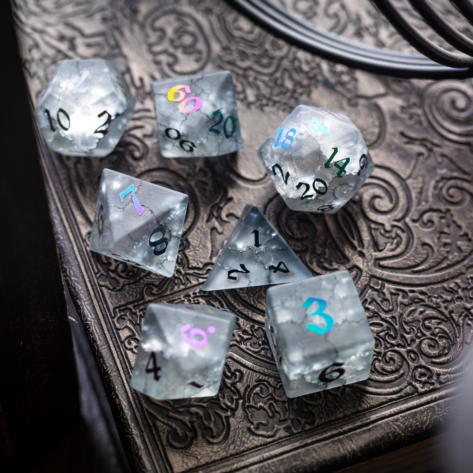 Black Inked Lightning Glass Cracked Glass DND Dice Set