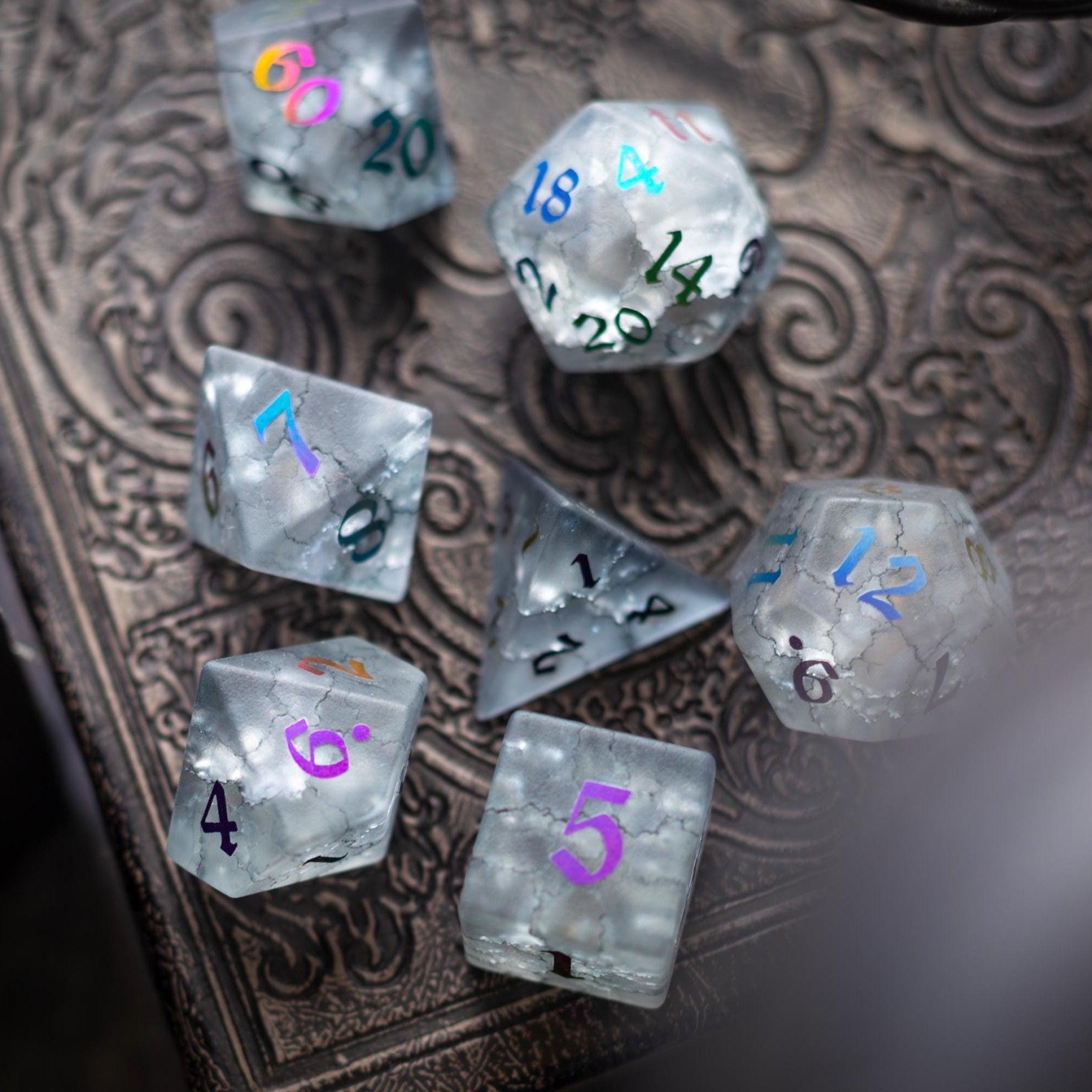 Black Inked Lightning Glass Cracked Glass DND Dice Set