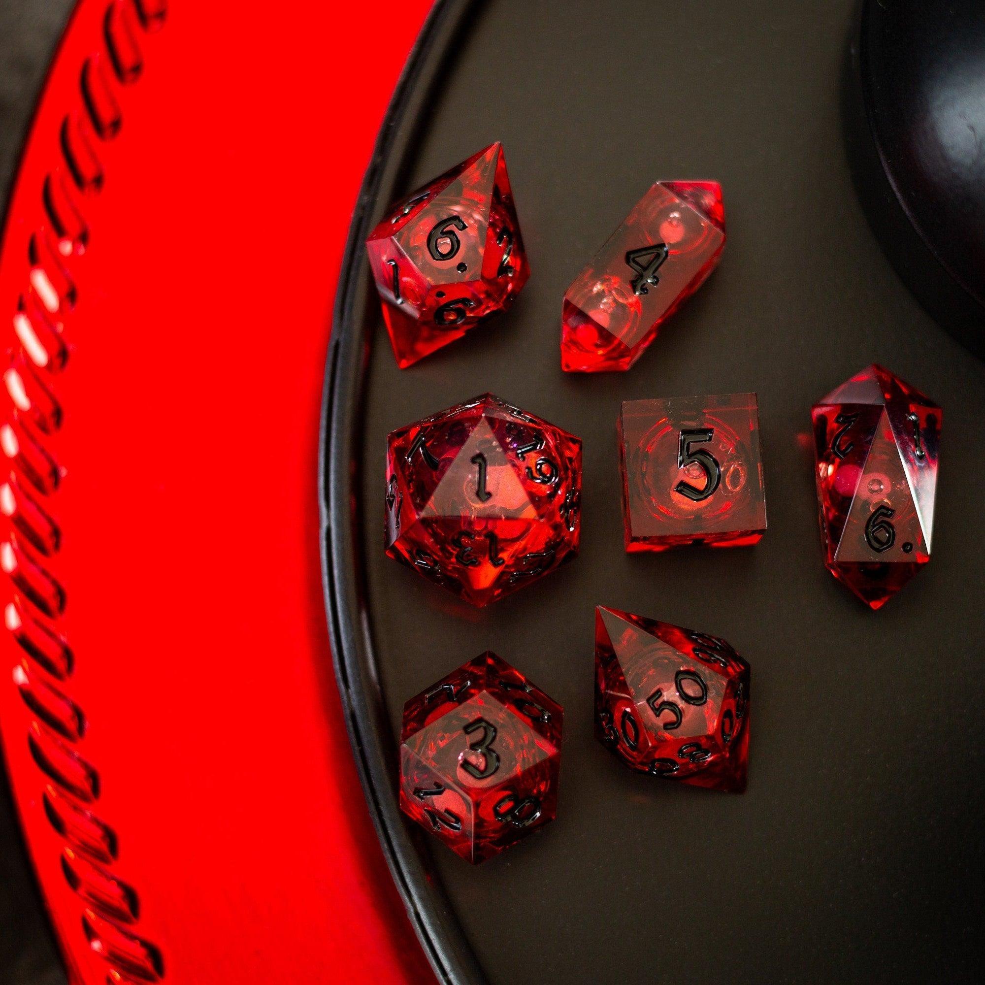 Handmade Blood Red Glitter Liquid Core DND Dice Set | Best RPG Dice