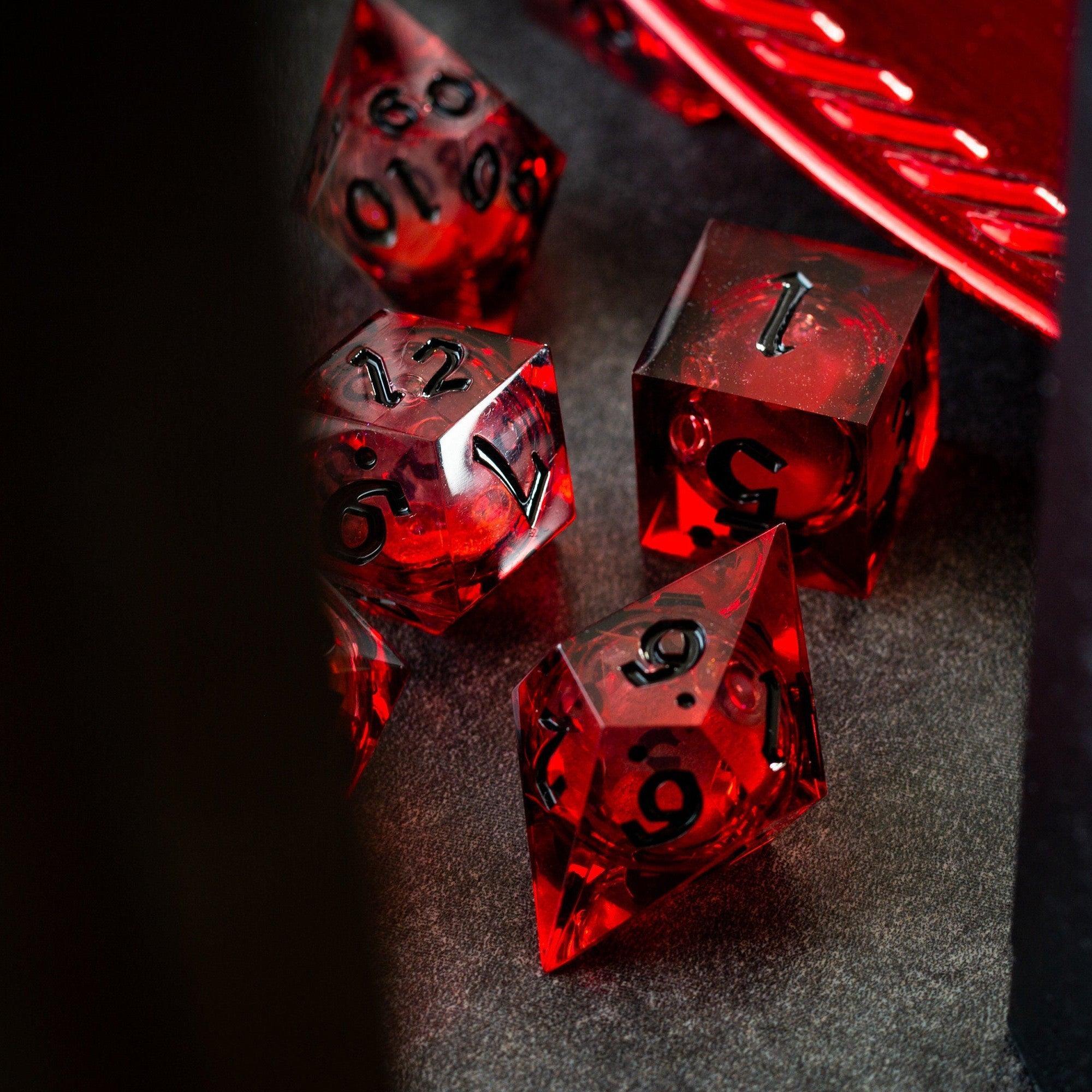 Handmade Blood Red Glitter Liquid Core DND Dice Set | Best RPG Dice