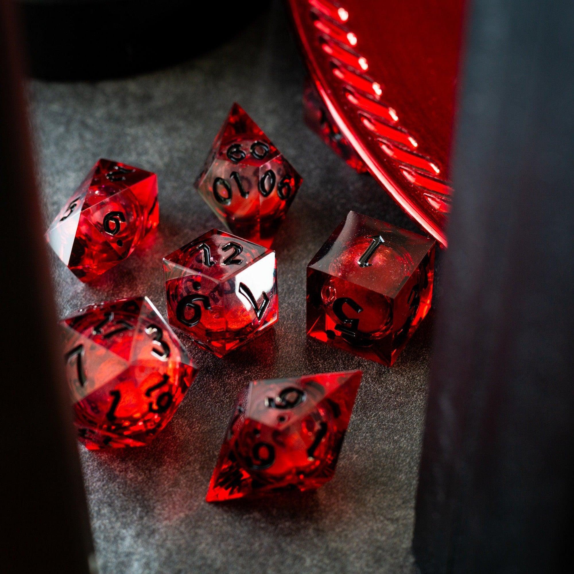 Handmade Blood Red Glitter Liquid Core DND Dice Set | Best RPG Dice