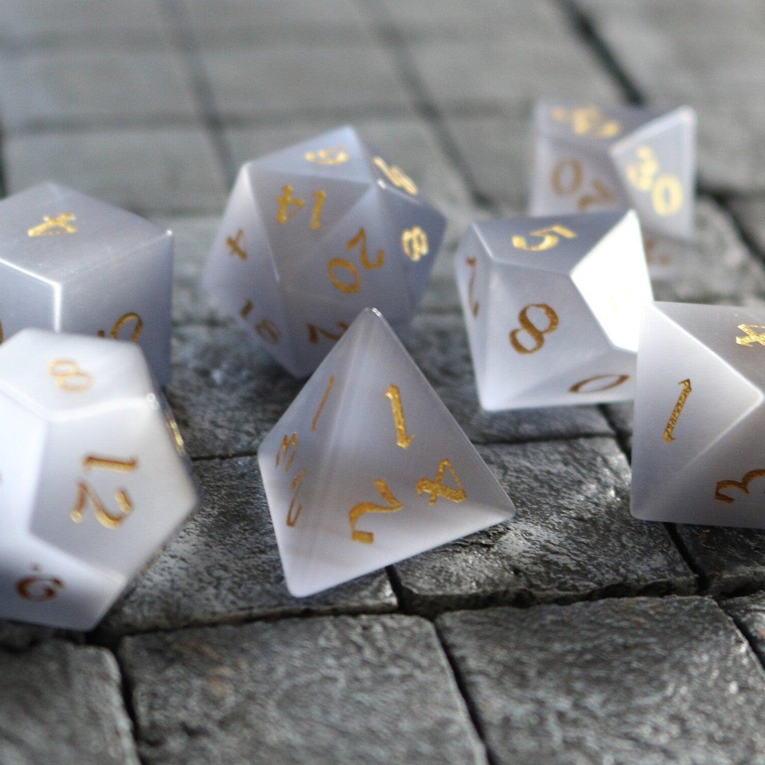 Hand Carved Gray Cats Eye Gemstone DND Dice Set | Coolest DND Dice