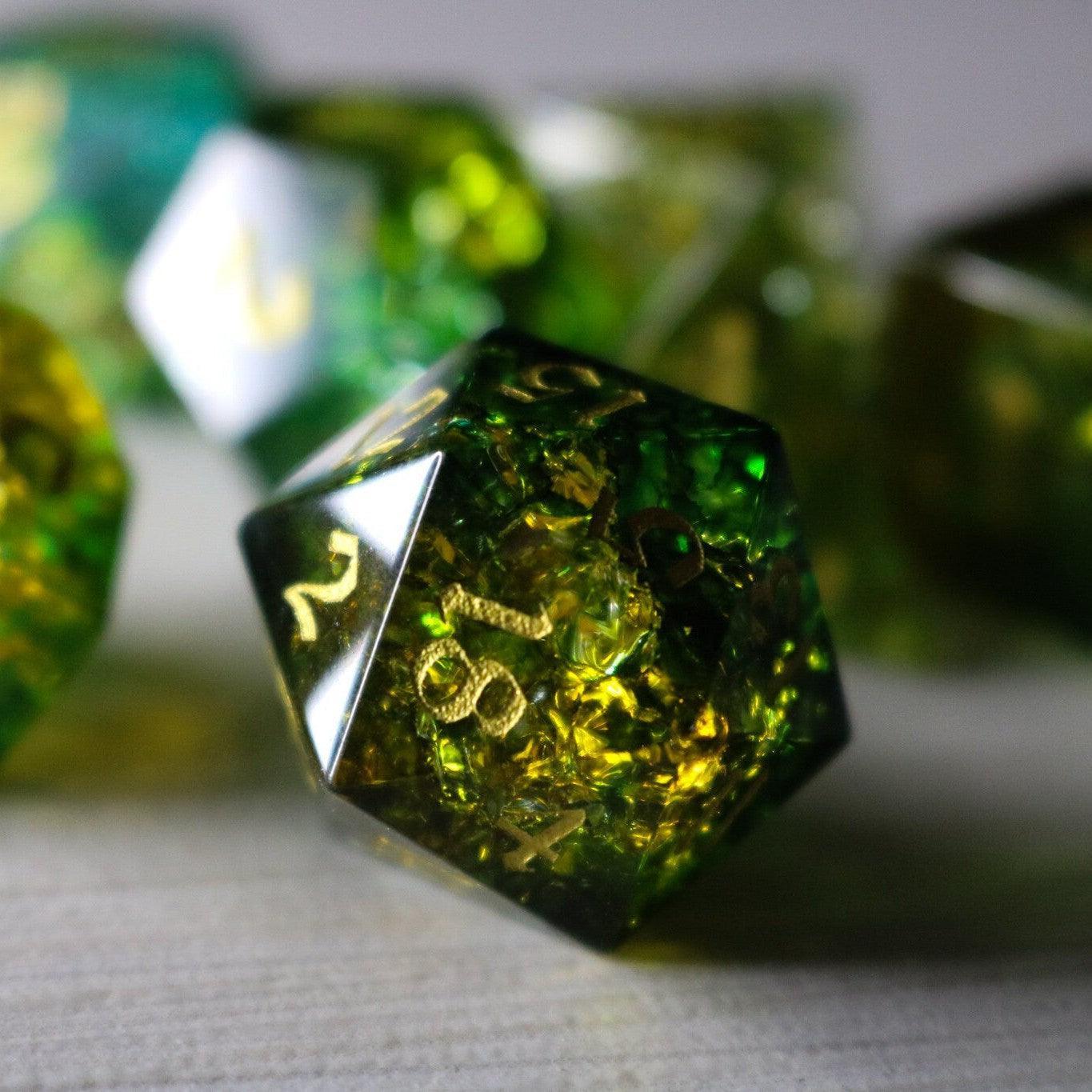 Green Poison Forge Fire Cracked Glass DND Dice Set | Best RPG Dice