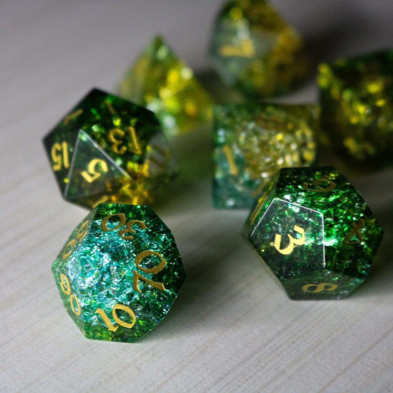 Green Poison Forge Fire Cracked Glass DND Dice Set | Best RPG Dice