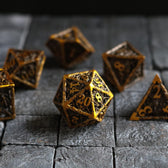 Shield and Sword Gold Hollow Metal DND Dice Set | Unique DND Dice