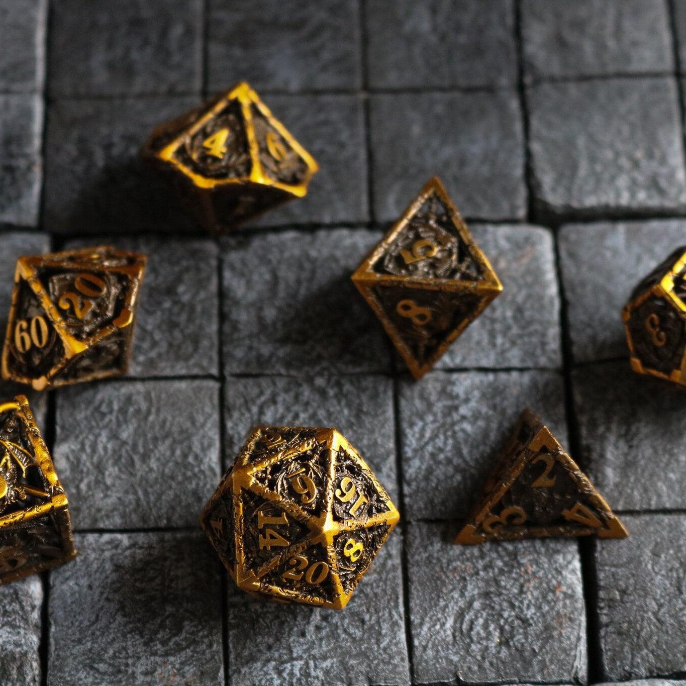 Shield and Sword Gold Hollow Metal DND Dice Set | Unique DND Dice